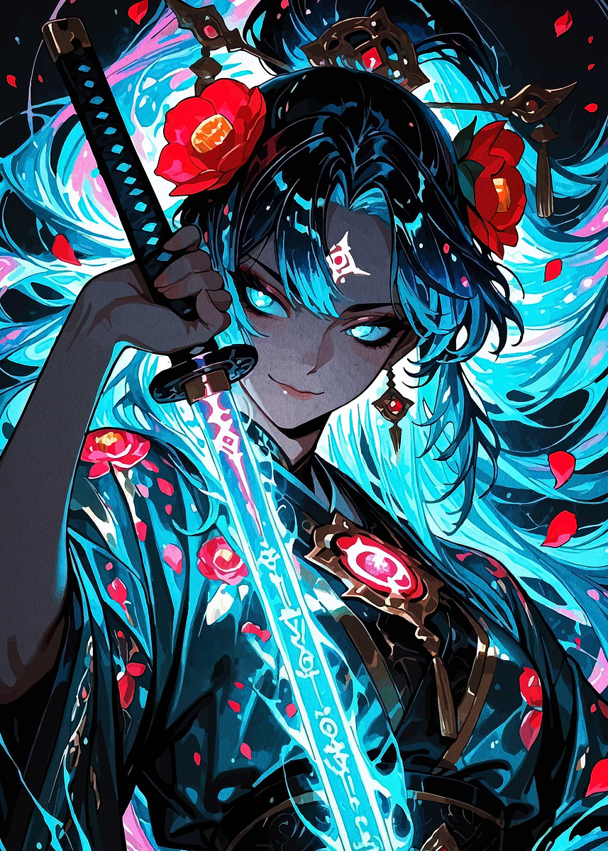'Anime Girl with Katana and Roses' Poster, picture, metal print, paint ...