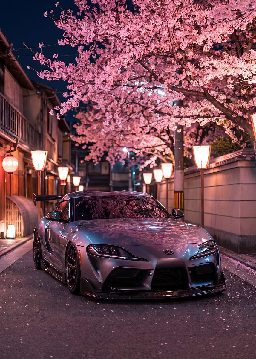 'Car GR Supra Cherry Blossoms Night' Poster, picture, metal print ...