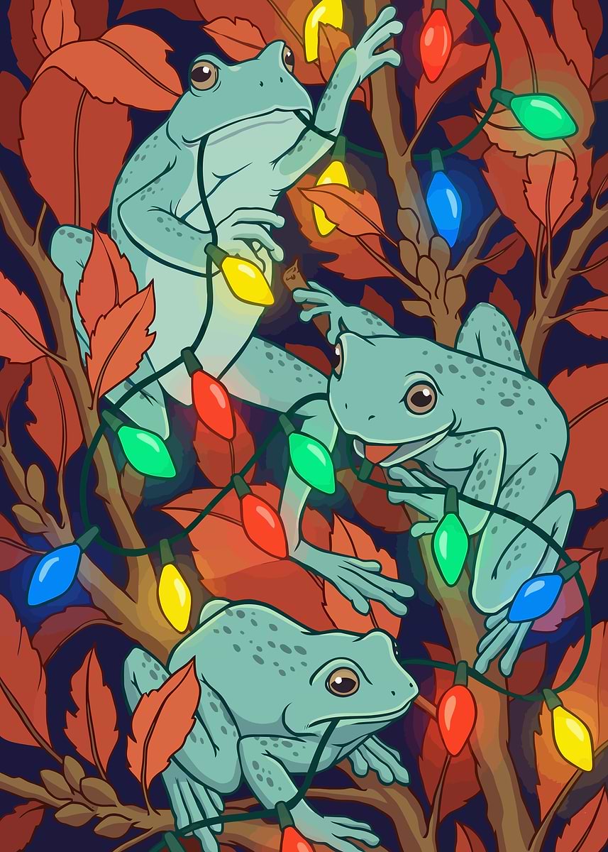 'Frogs with Christmas Lights' Poster, picture, metal print, paint by ...