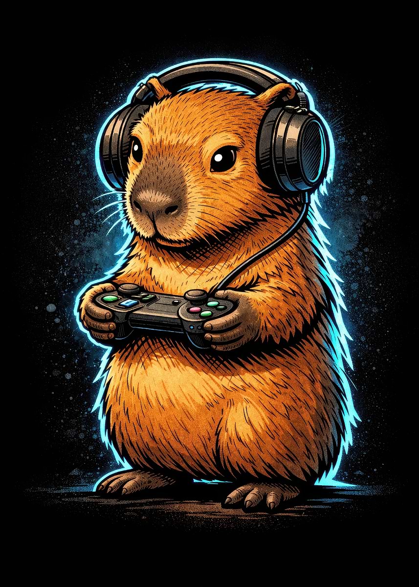 'Capybara Gamer with Headset' Poster, picture, metal print, paint by ...
