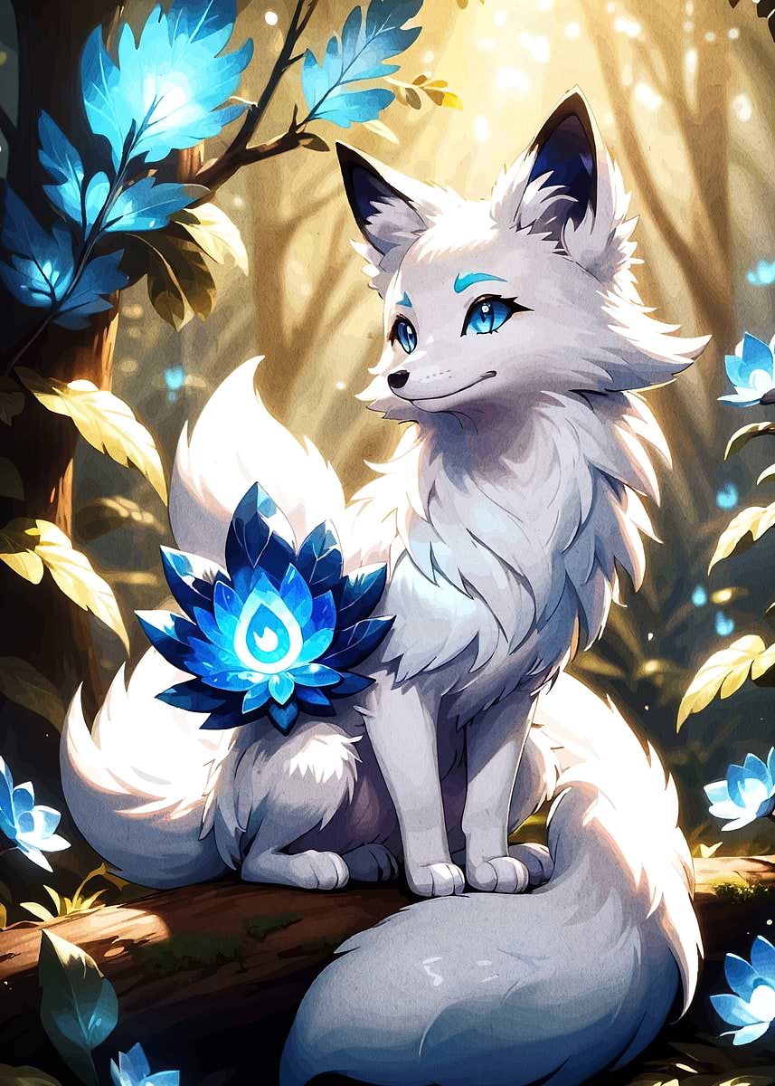 'White Fox with Blue Crystal Flower' Poster, picture, metal print ...
