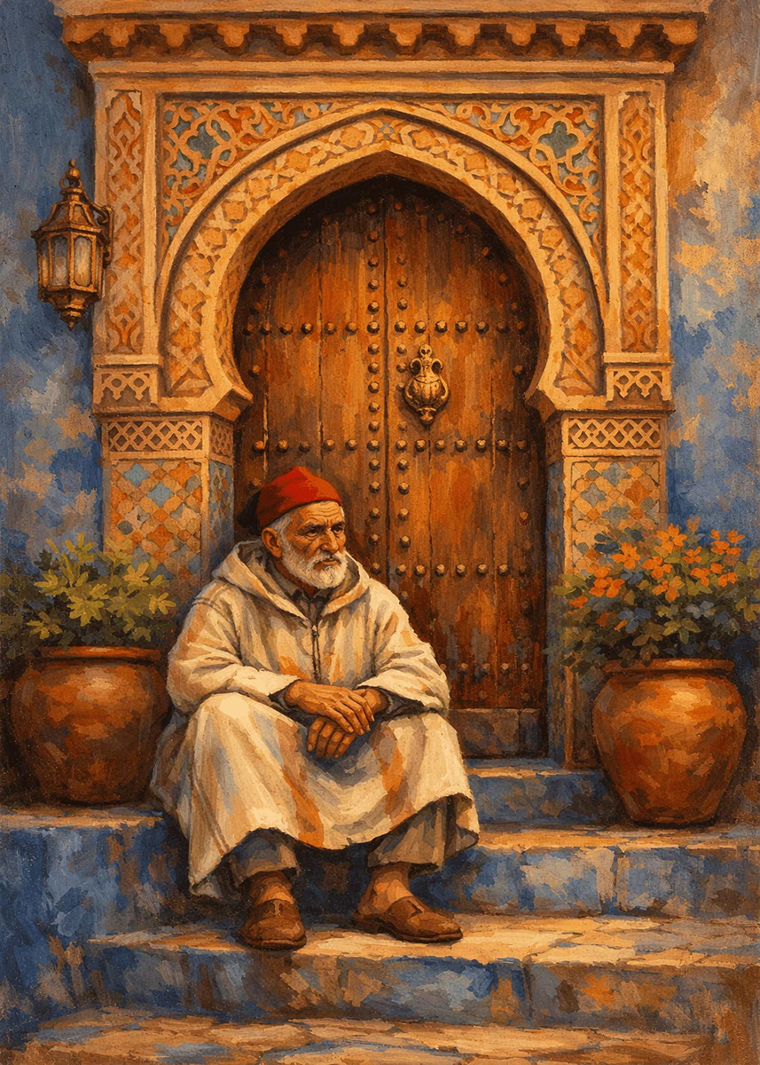 'Moroccan Man Sitting by Ornate Door' Poster, picture, metal print ...