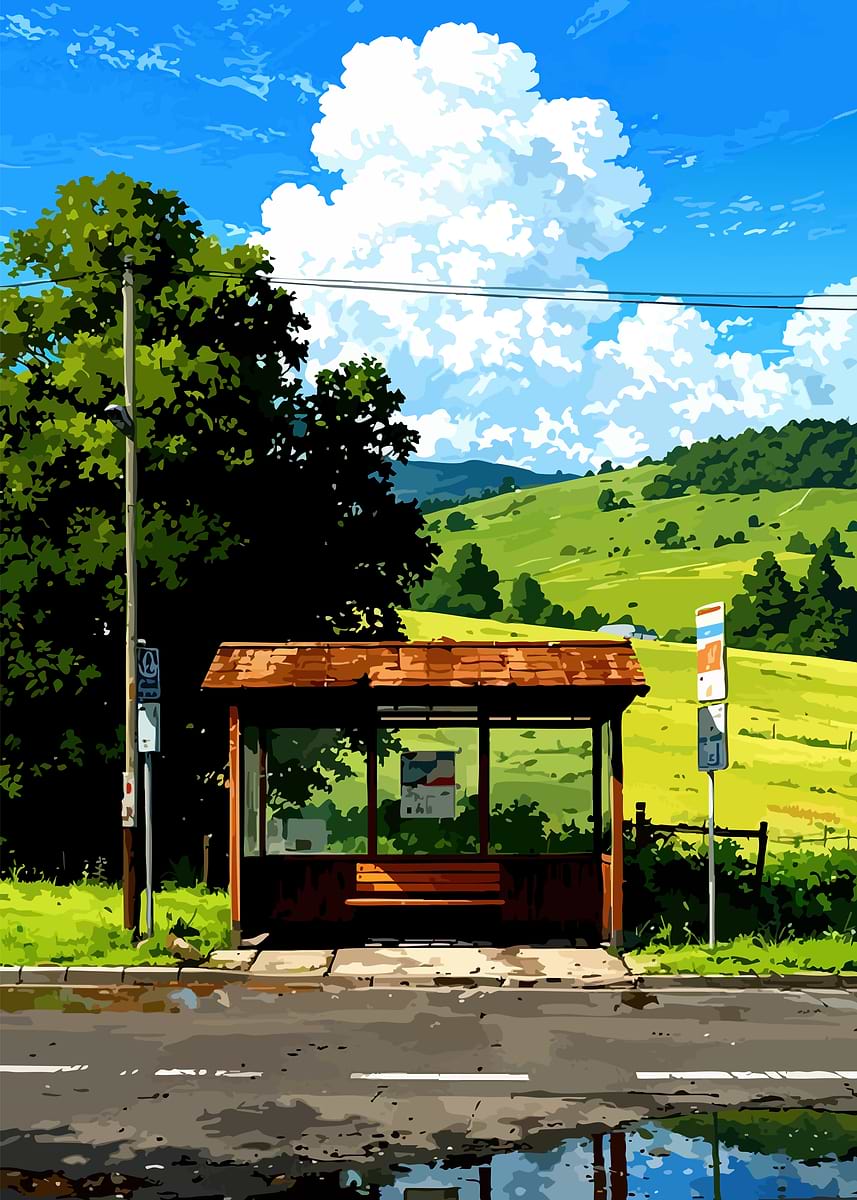 'Anime Bus Stop Landscape' Poster, picture, metal print, paint by Alaye ...