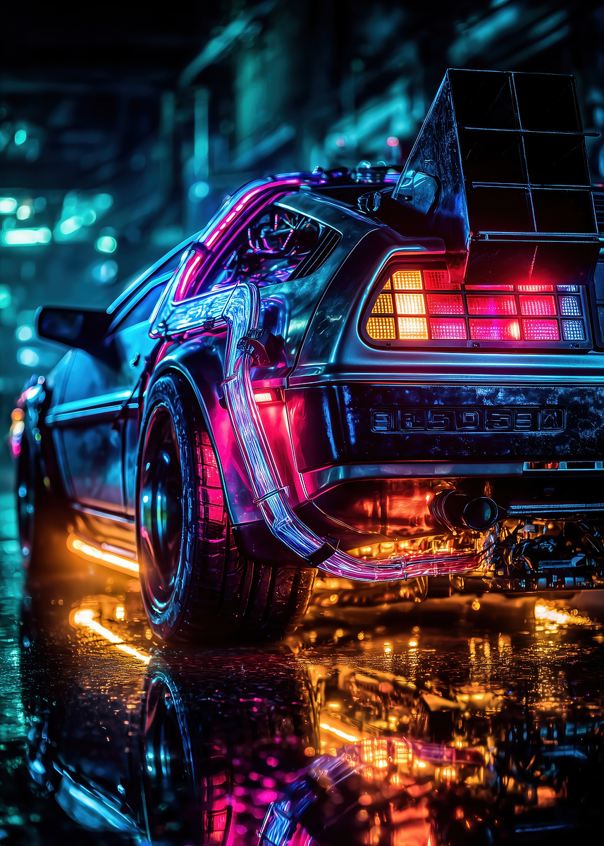 'Cyberpunk DeLorean Time Machine' Poster, picture, metal print, paint ...