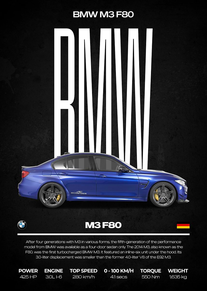 'BMW M3 F80 Car Poster' Poster, picture, metal print, paint by ...
