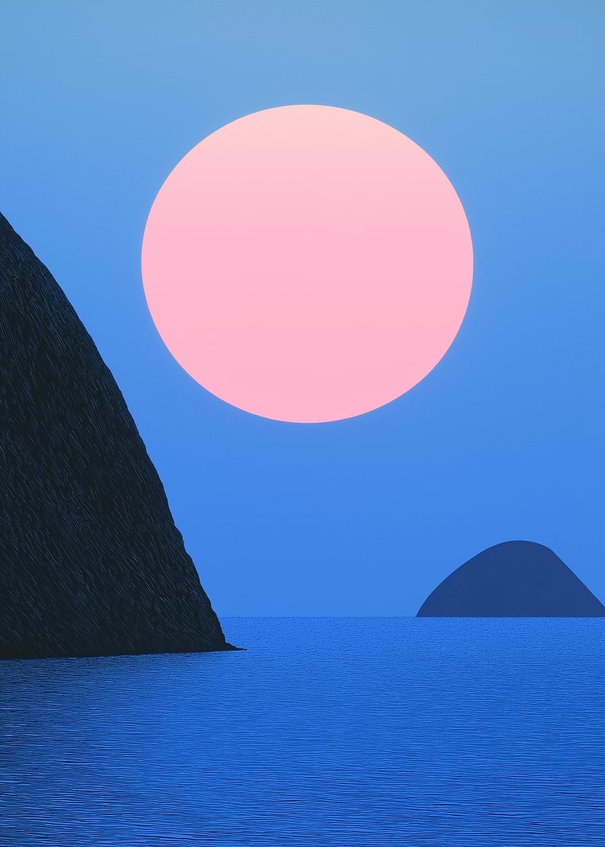 'Pink Sun Over Blue Sea' Poster, picture, metal print, paint by ...