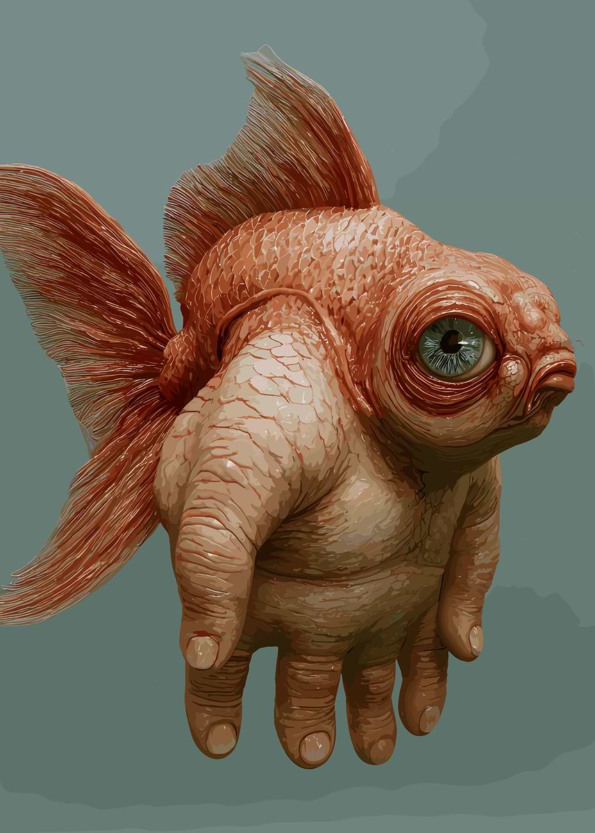 'Surreal Fish-Hand Hybrid Creature' Poster, picture, metal print, paint ...