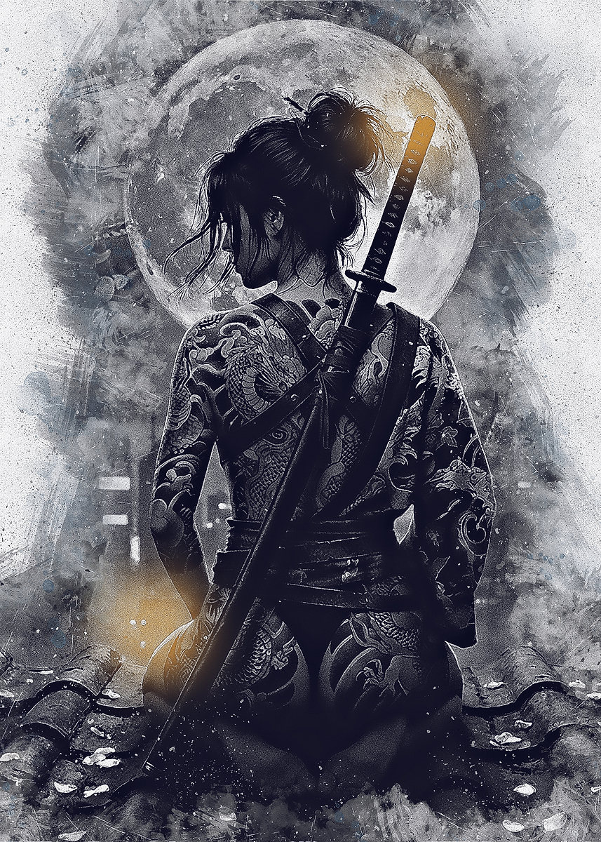 'Tattooed Samurai Woman Under Moonlight' Poster, picture, metal print ...
