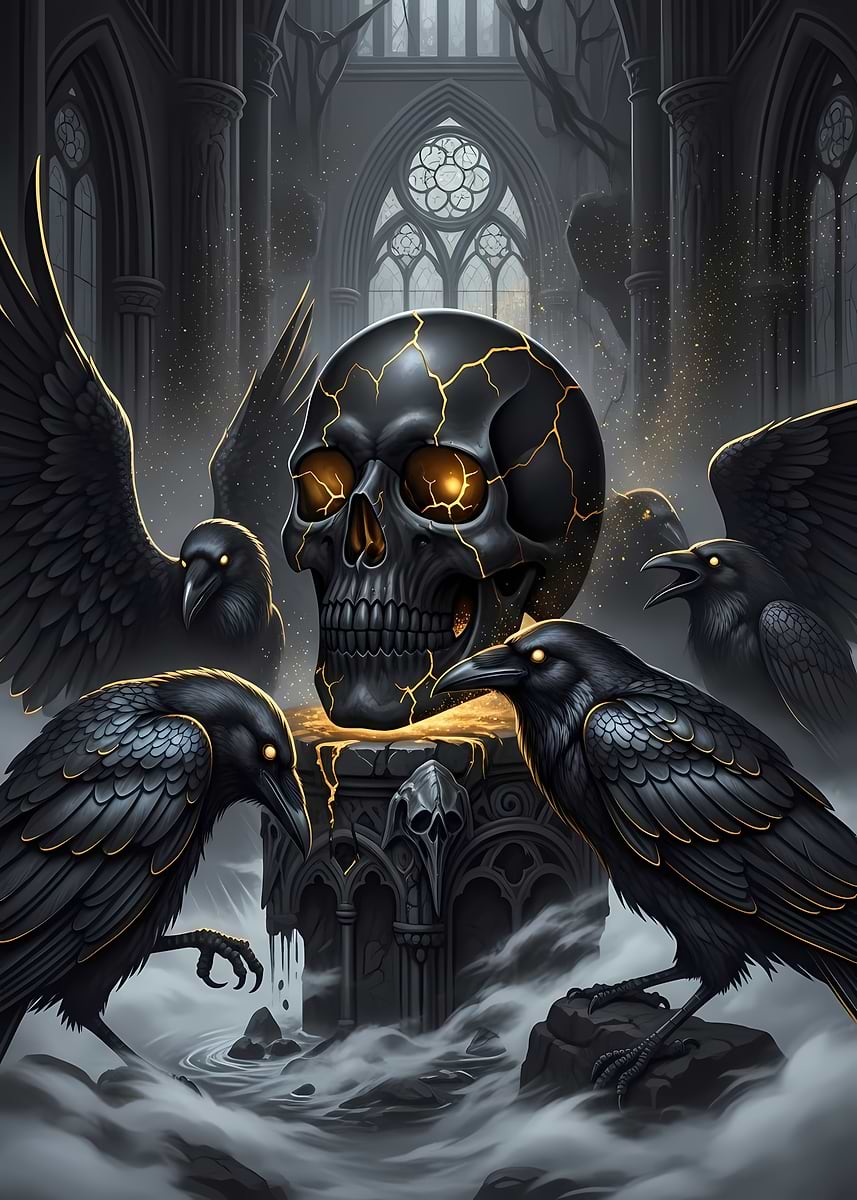 'Skull and Ravens Gothic Scene' Poster, picture, metal print, paint by ...