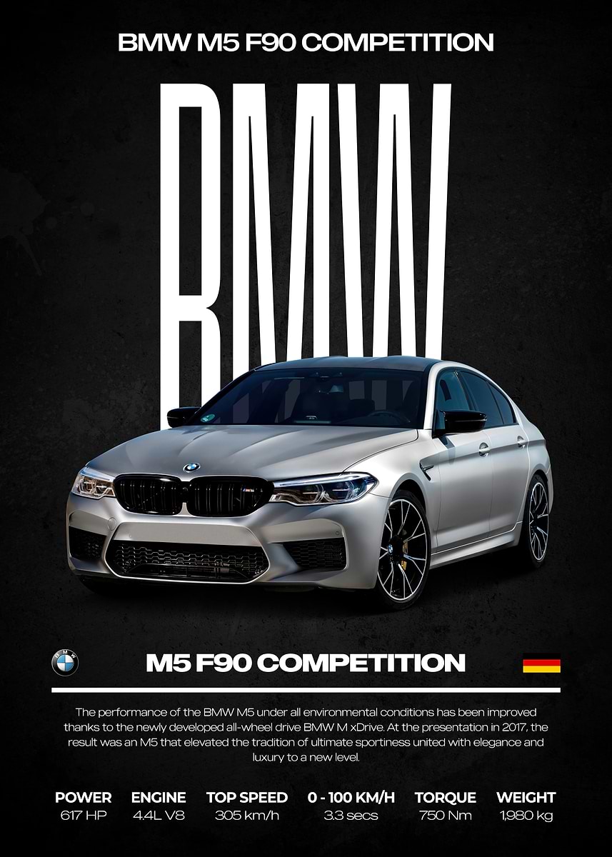 'BMW M5 F90 Competition Car Poster' Poster, picture, metal print, paint ...