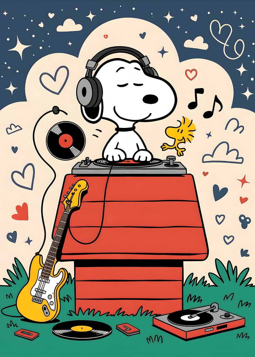 'Snoopy DJ with Woodstock' Poster, picture, metal print, paint by ...