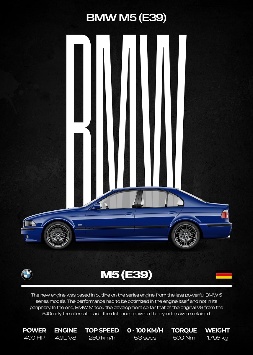 'BMW M5 (E39) Car Poster' Poster, picture, metal print, paint by ...
