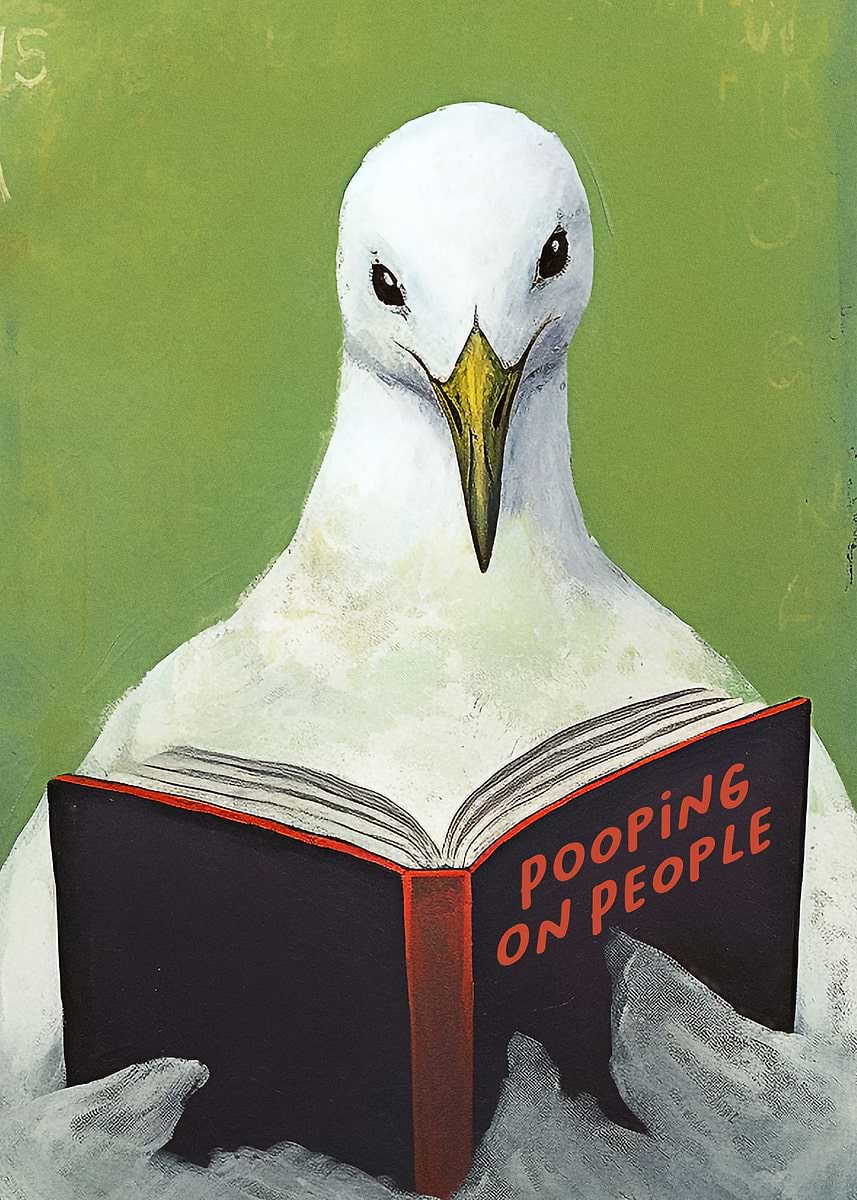 'Seagull reading 'Pooping on People'' Poster, picture, metal print ...
