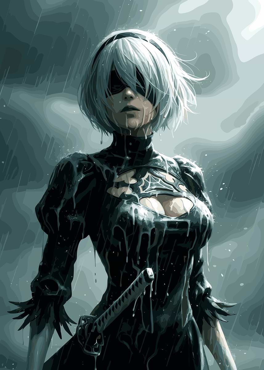 '2B in the Rain' Poster, picture, metal print, paint by zakuro | Displate
