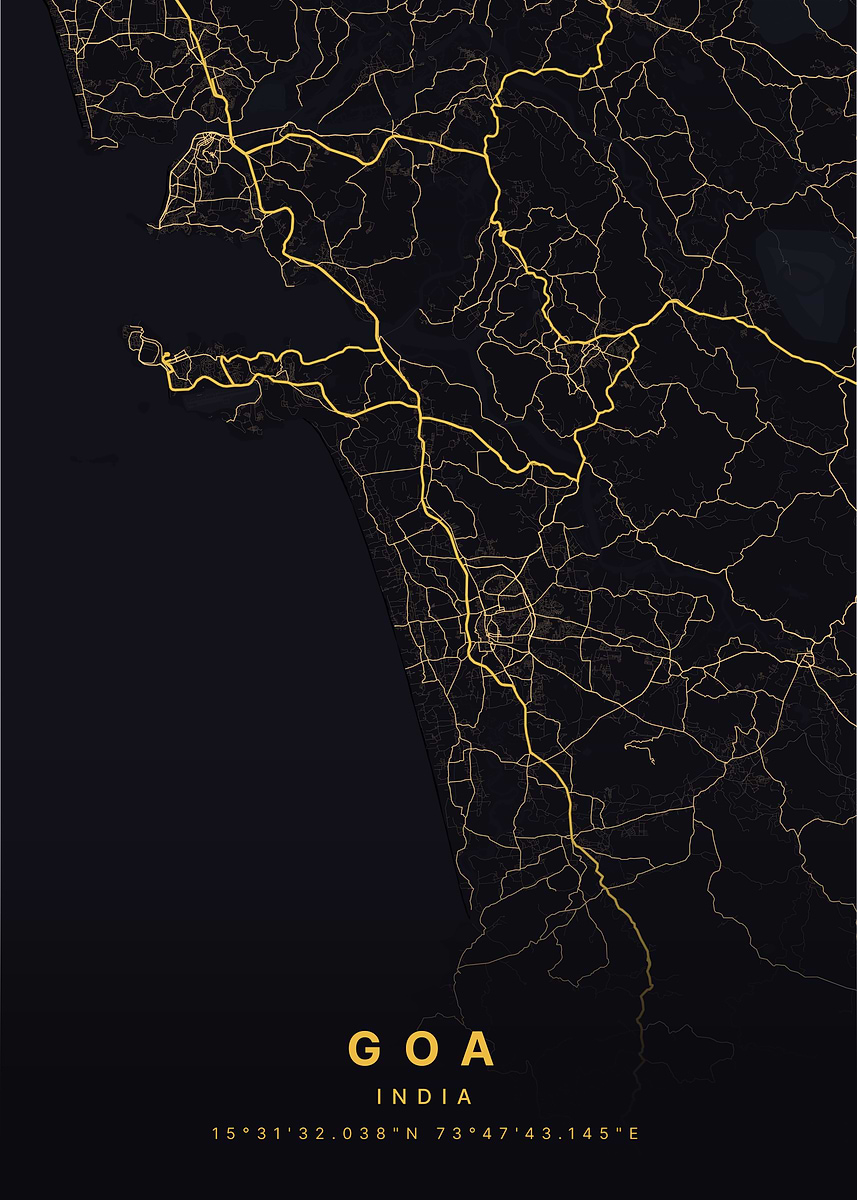 'Goa India Black and Gold Map' Poster, picture, metal print, paint by ...