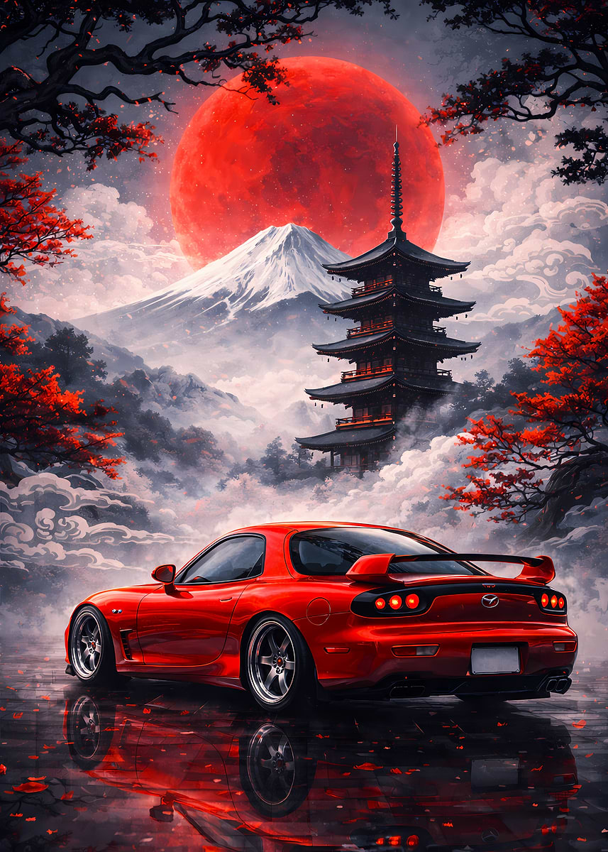 'Red Mazda RX-7 with Japanese backdrop' Poster, picture, metal print ...