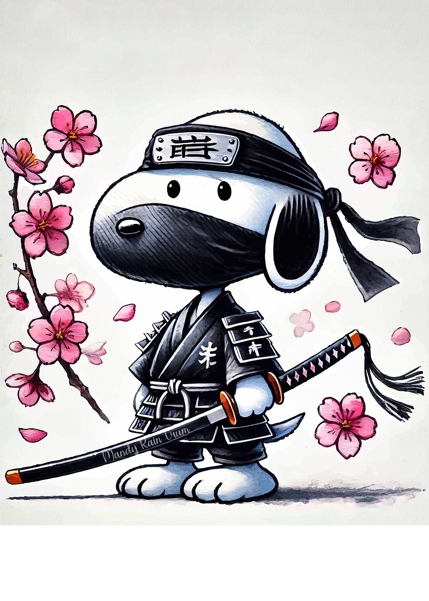 'Snoopy as a Ninja with Sakura' Poster, picture, metal print, paint by ...