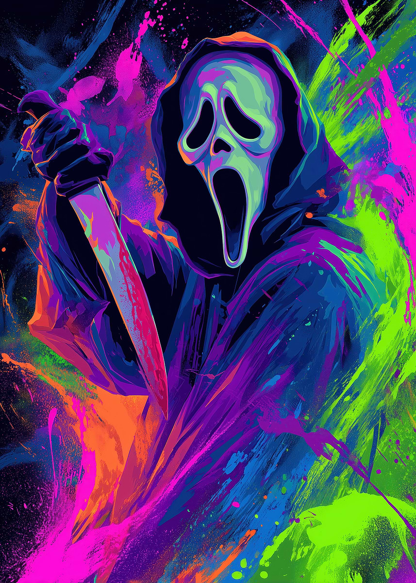 'Ghostface with Knife Neon Art' Poster, picture, metal print, paint by ...