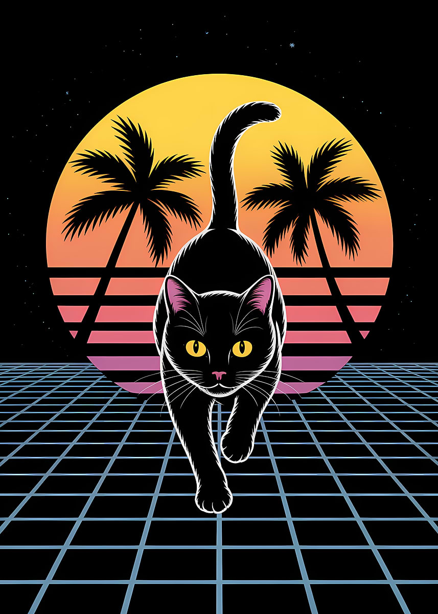 'Retro Cat with Palm Trees' Poster, picture, metal print, paint by ...