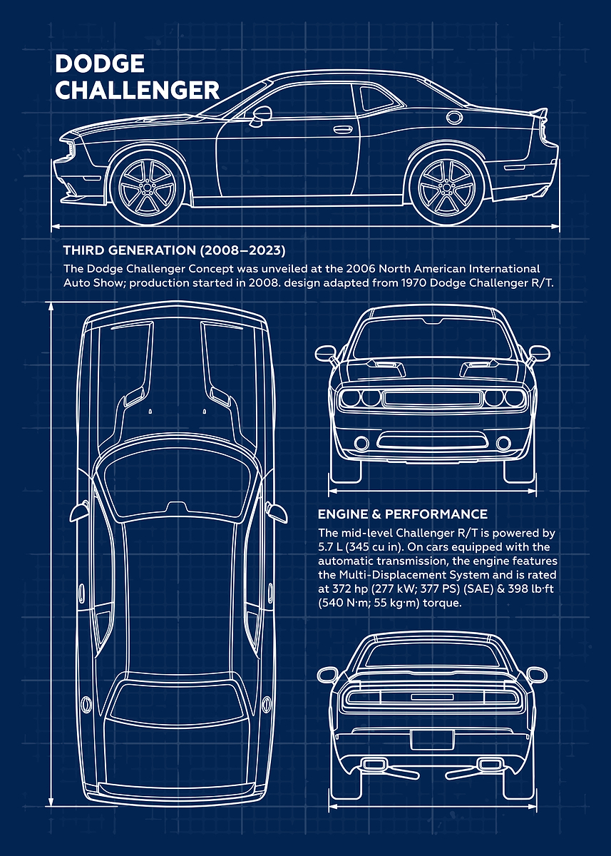 'Car Dodge Challenger Blueprint' Poster, picture, metal print, paint by ...