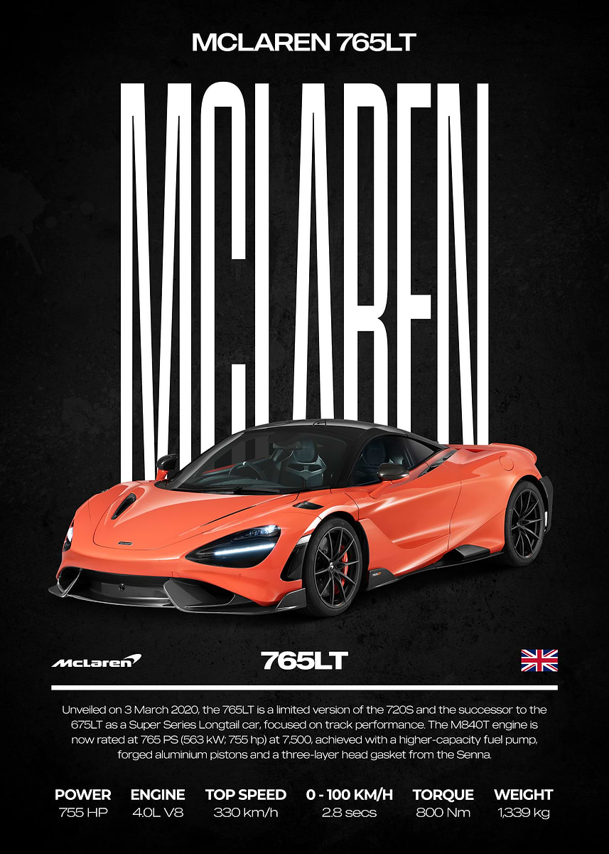 'McLaren 765LT Orange Car Poster' Poster, picture, metal print, paint ...