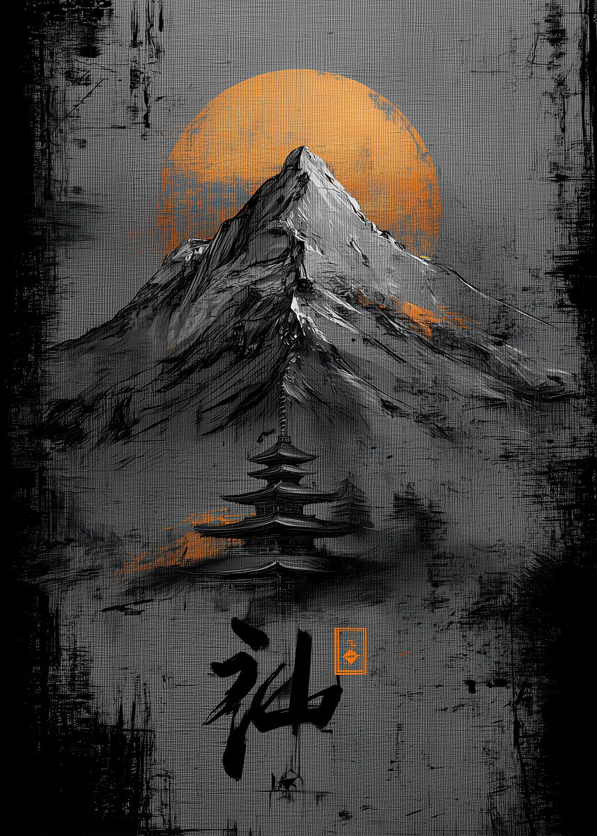 'Ukiyo Minimalism Mountain Pagoda' Poster, picture, metal print, paint ...