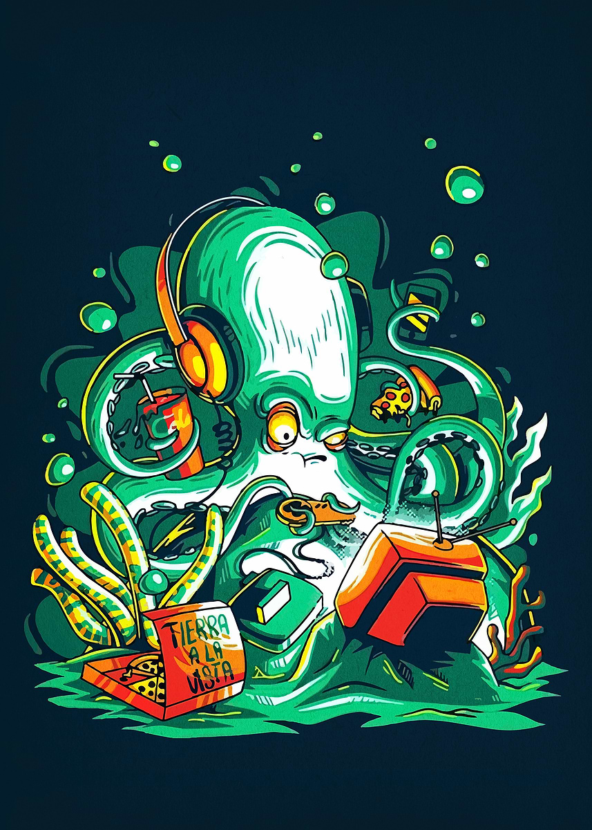 'Cartoon Octopus Gaming' Poster, picture, metal print, paint by ...