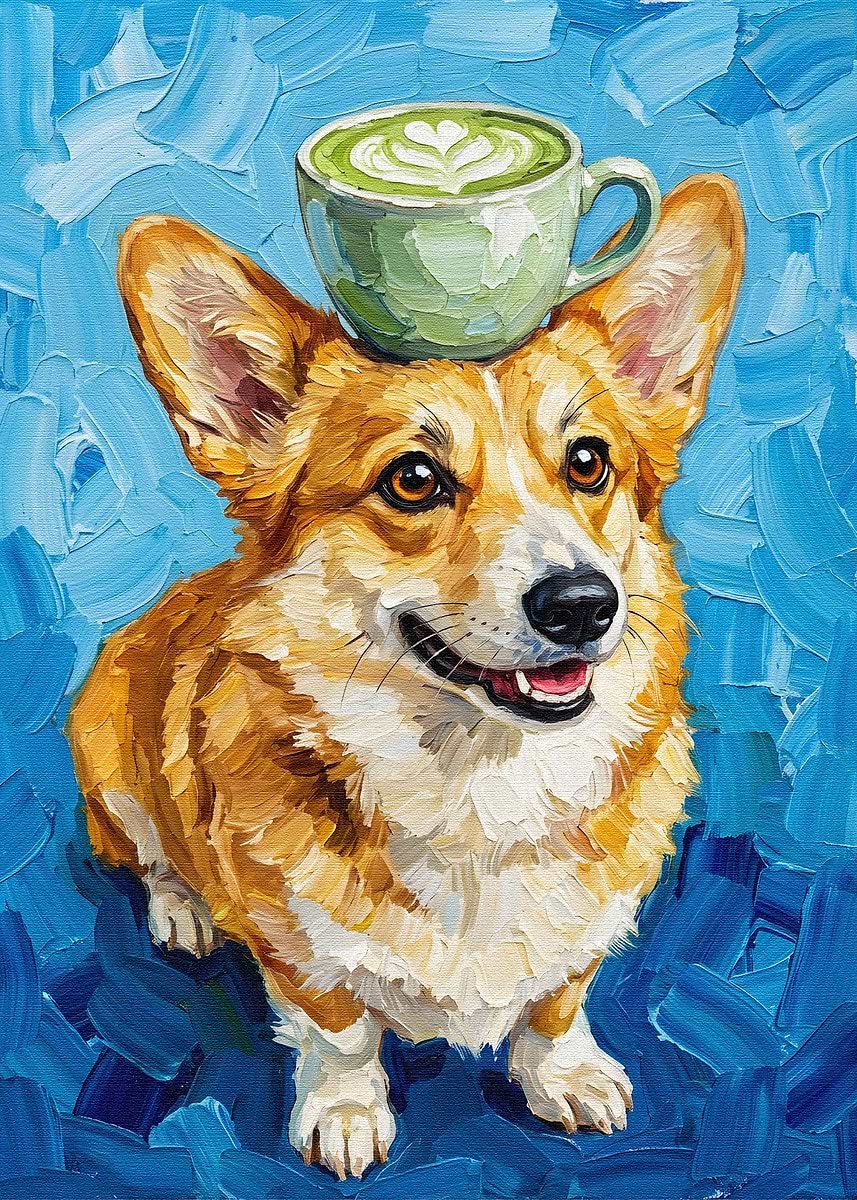 'Corgi with Matcha Latte Hat' Poster, picture, metal print, paint by ...