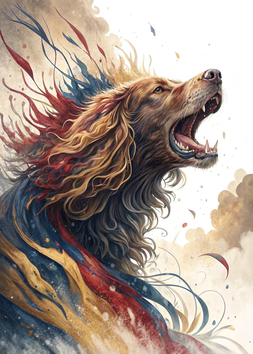 'Roaring Dog with Colorful Abstract Elements' Poster, picture, metal ...