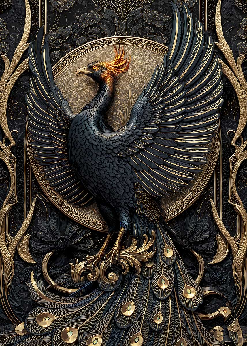 'Golden Phoenix Relief Art Deco' Poster, picture, metal print, paint by ...