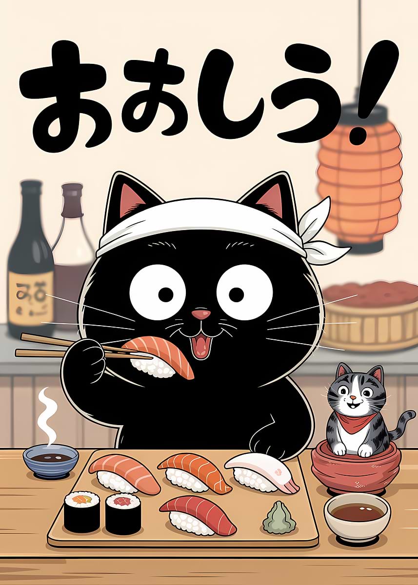 'Sushi Cat Cartoon' Poster, picture, metal print, paint by q6eaj5qrhz ...