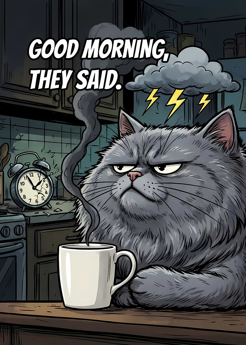 'Grumpy Cat Morning Coffee Cartoon' Poster, picture, metal print, paint ...