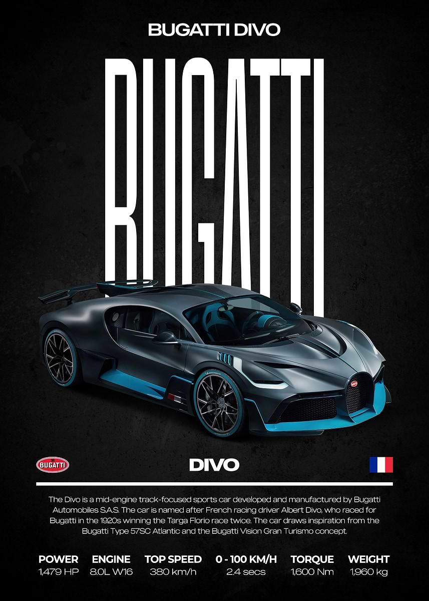 'Bugatti Divo Sports Car Poster' Poster, picture, metal print, paint by ...