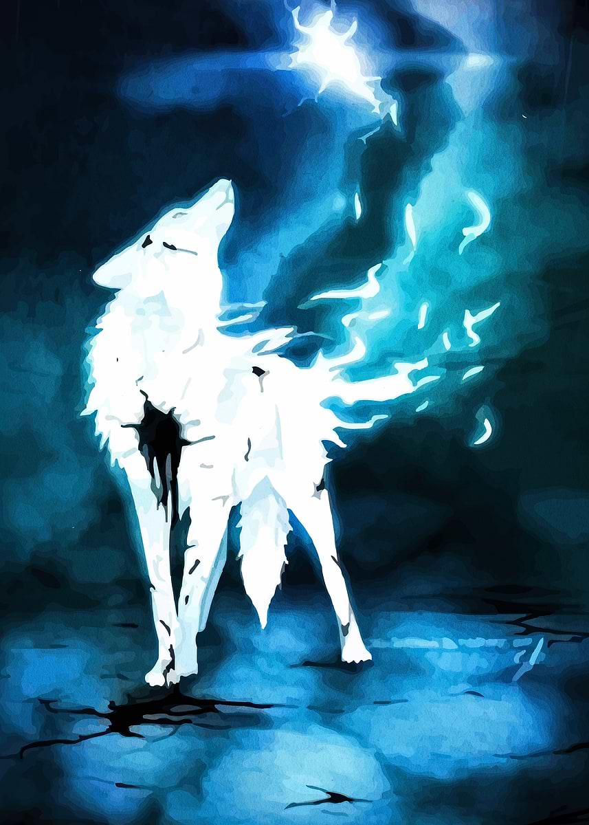 'Glowing Wolf Howling at the Sky' Poster, picture, metal print, paint ...