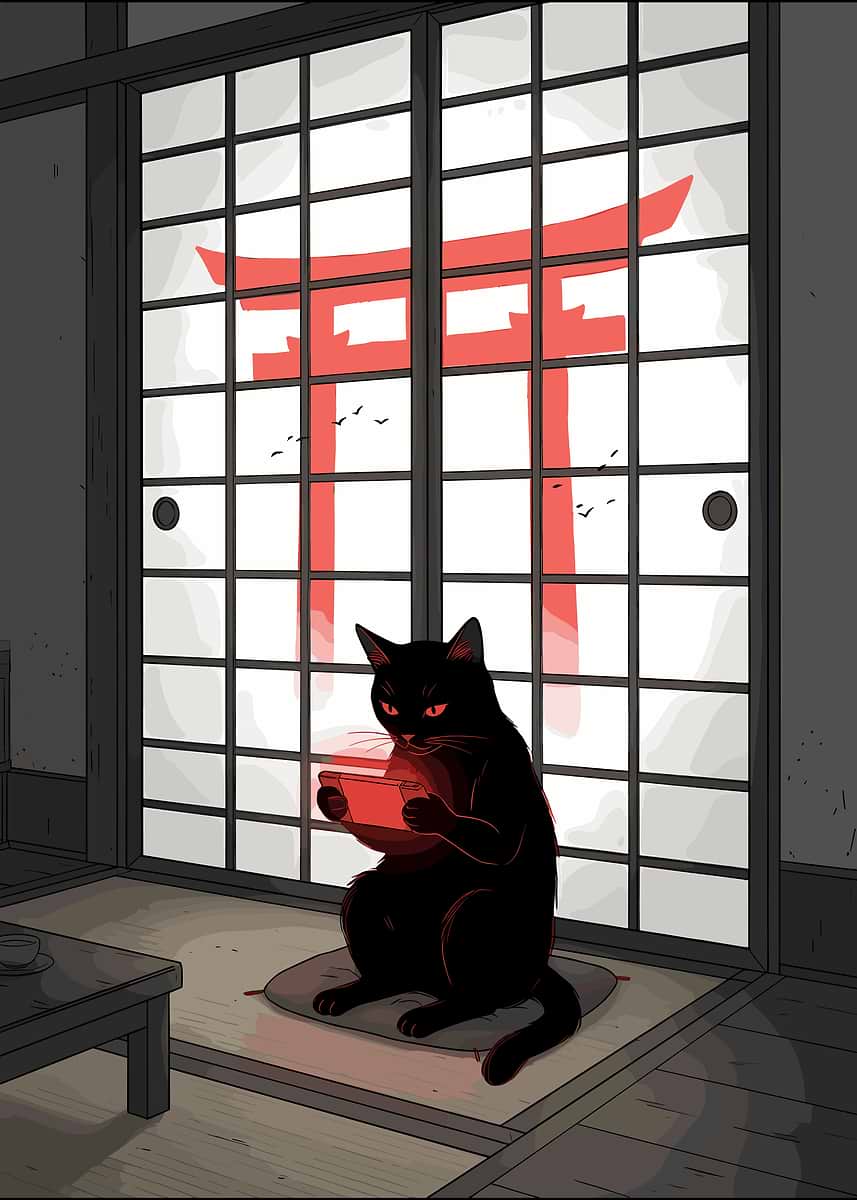 'Gamer Cat with Torii Gate' Poster, picture, metal print, paint by ...