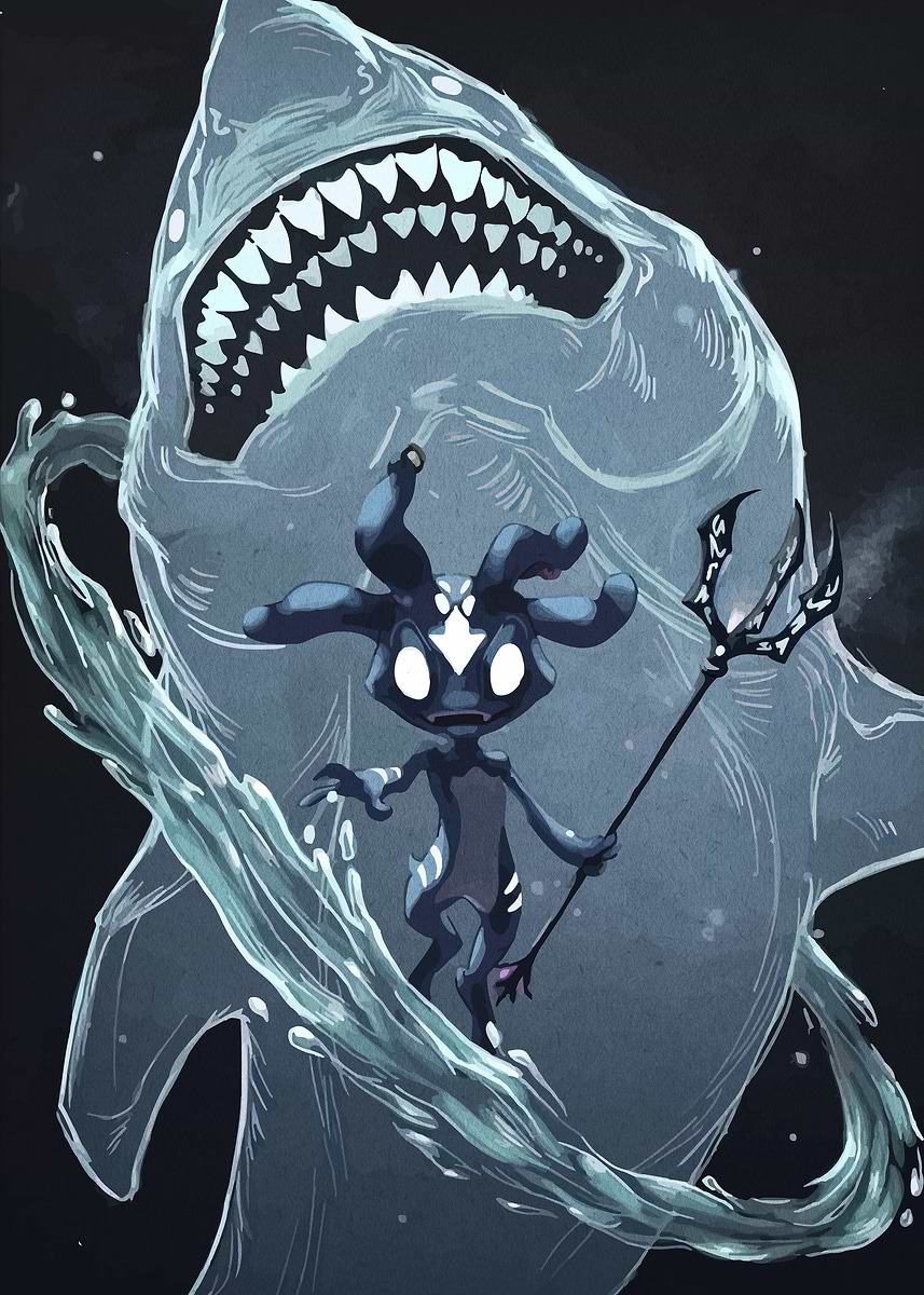 'Cartoon Character with Shark and Trident' Poster, picture, metal print ...