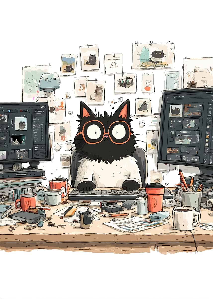 'Cat at Desk with Computers' Poster, picture, metal print, paint by ...