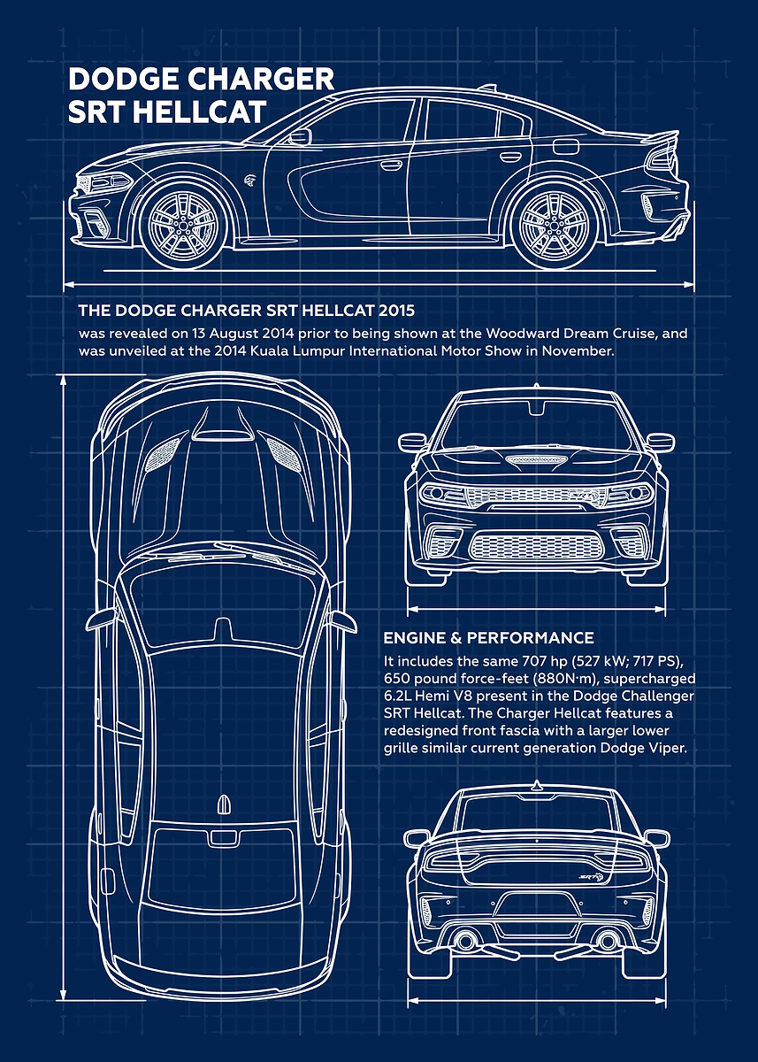 'Car Dodge Charger SRT Hellcat Blueprint' Poster, picture, metal print ...