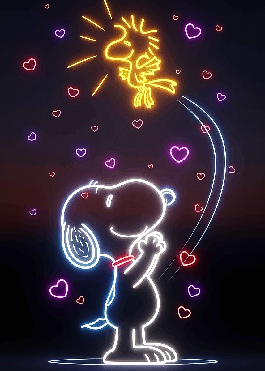 'Snoopy and Woodstock Neon Love' Poster, picture, metal print, paint by ...