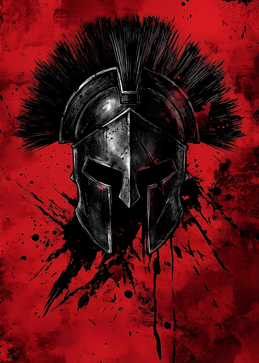 'Spartan Helmet on Red Splatter Background' Poster, picture, metal ...