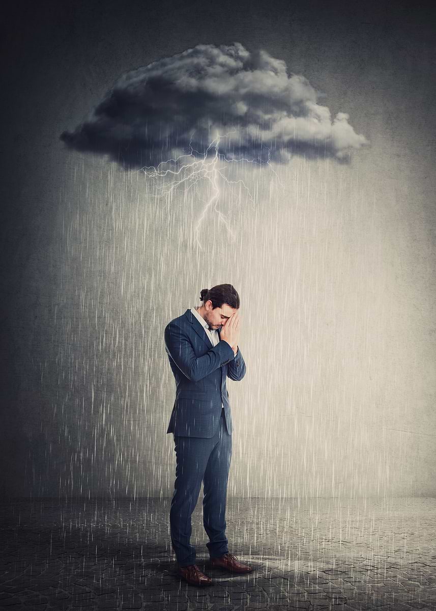 'Man in Rainstorm with Dark Cloud' Poster, picture, metal print, paint ...