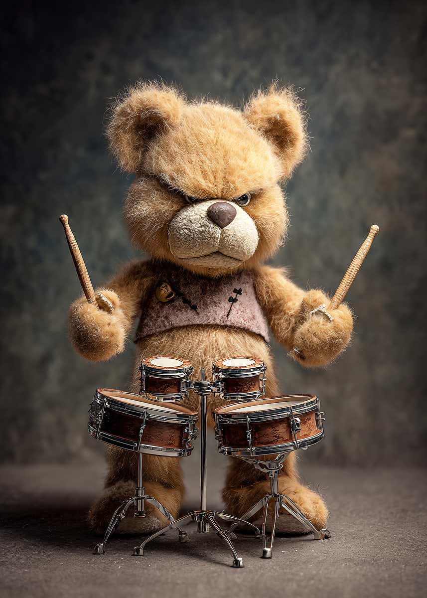 'Grumpy Teddy Bear Drummer' Poster, picture, metal print, paint by ...