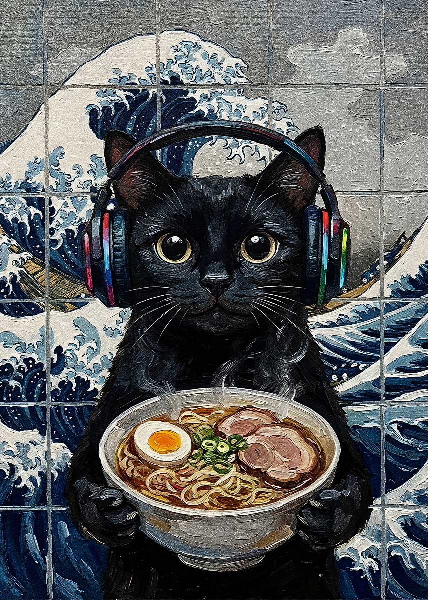 'Gaming Black Cat with Ramen' Poster, picture, metal print, paint by ...
