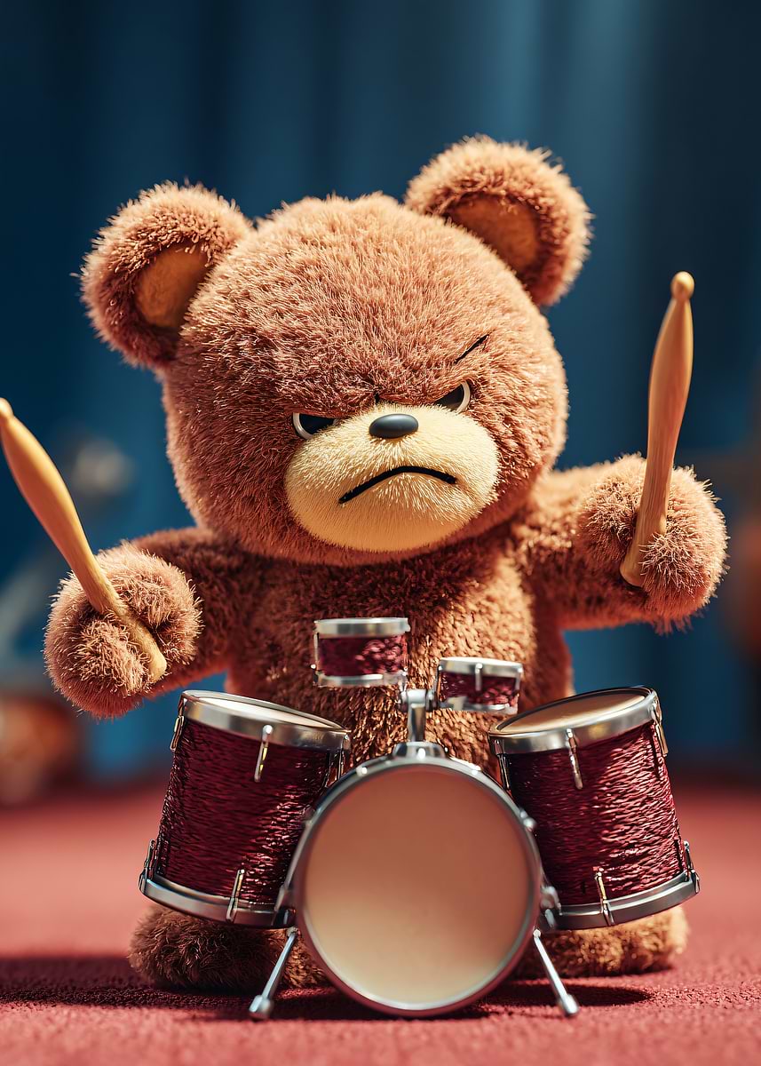 'Grumpy Teddy Bear Drummer' Poster, picture, metal print, paint by ...