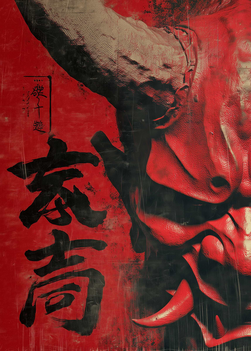 'Red Oni Mask with Japanese Calligraphy' Poster, picture, metal print ...