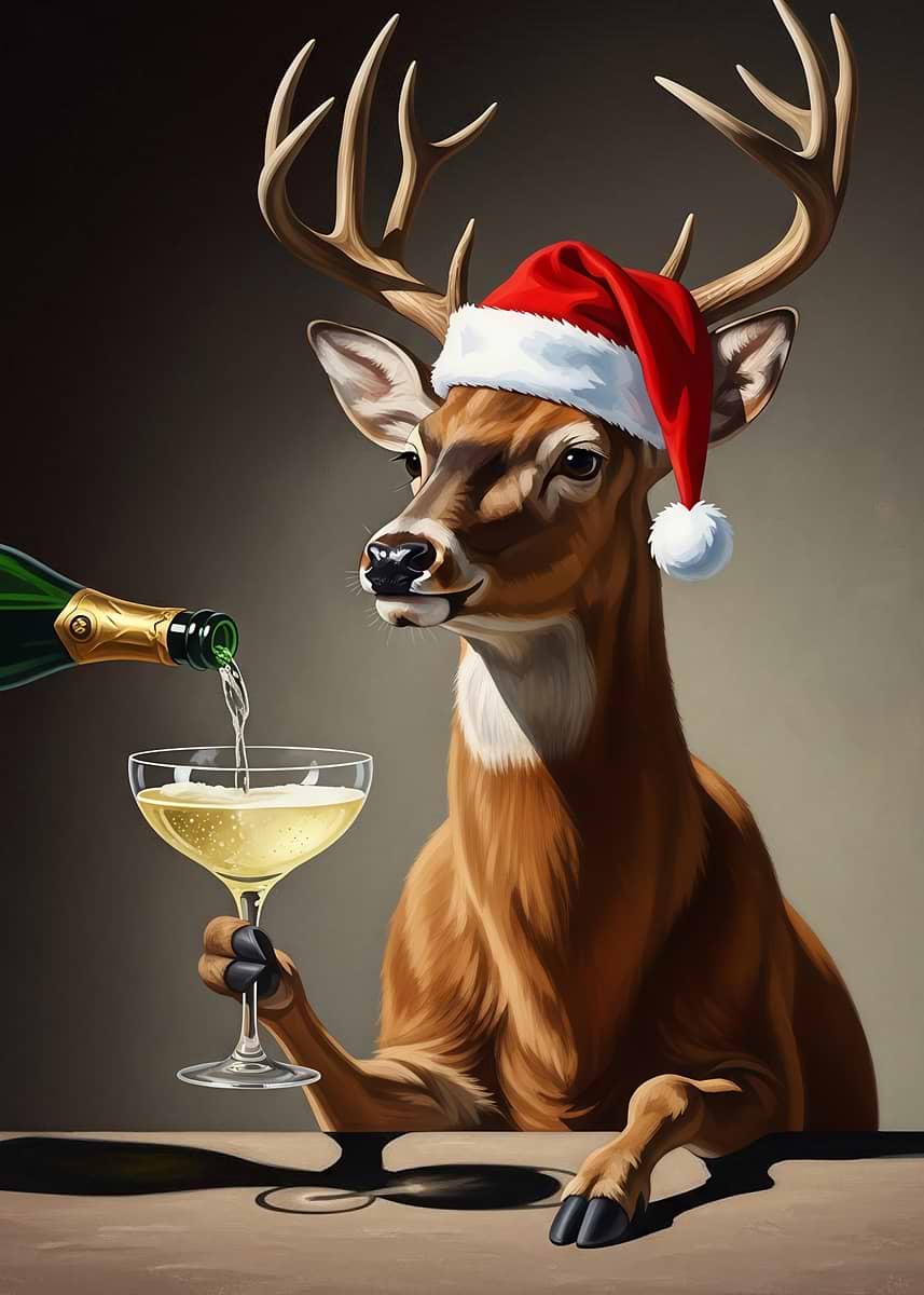 'Christmas Deer Pouring Champagne' Poster, picture, metal print, paint ...