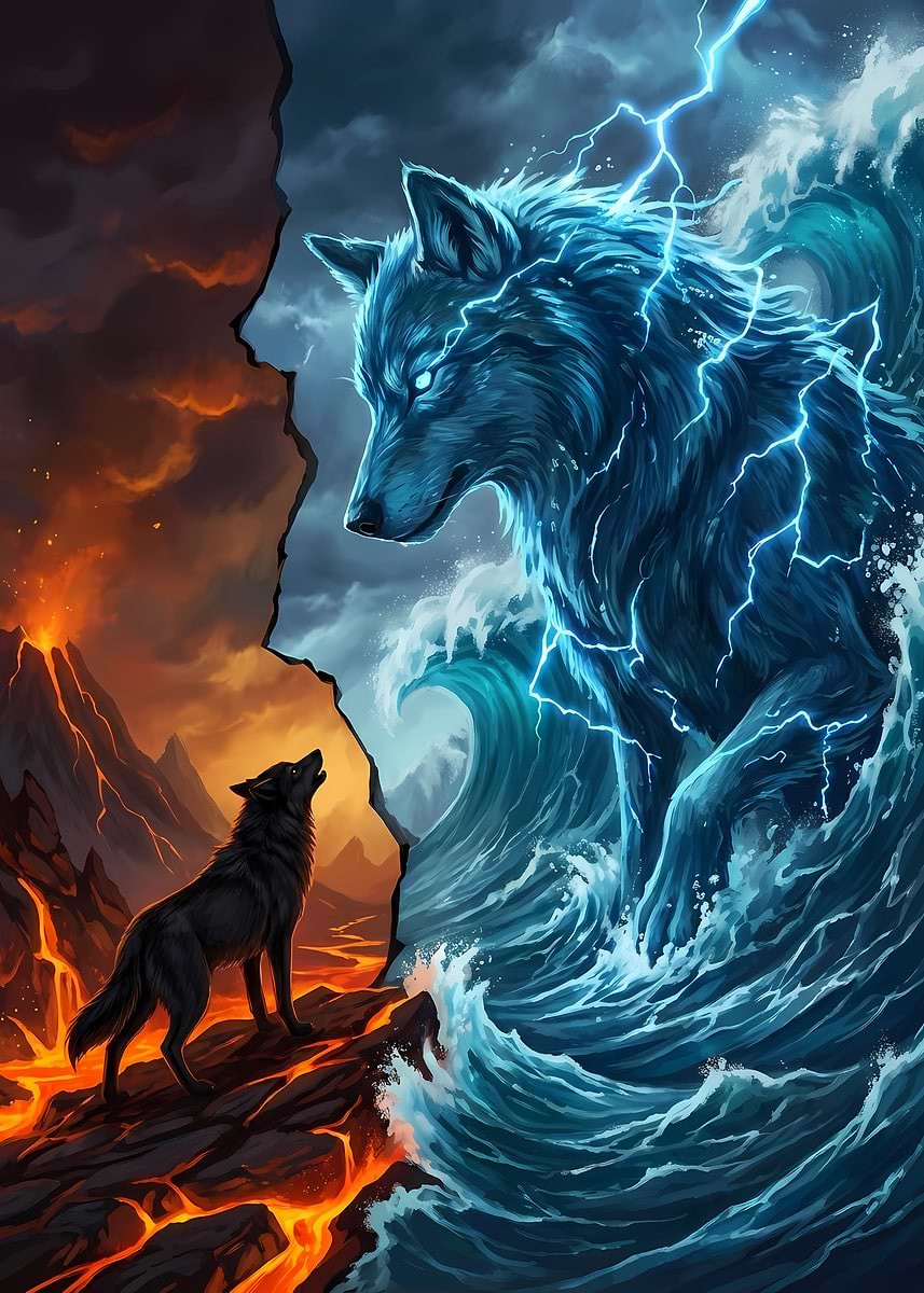 'Elemental Wolves: Fire and Water' Poster, picture, metal print, paint ...