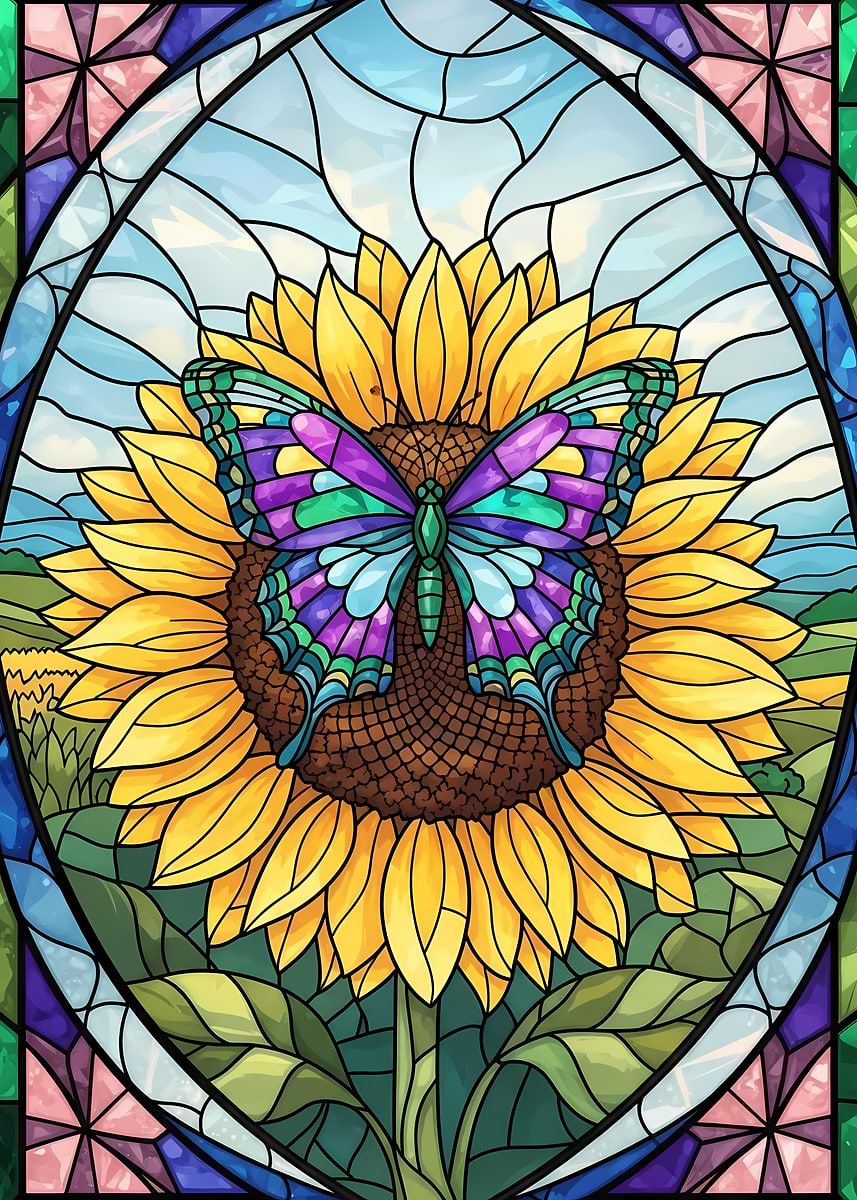 'Stained Glass Butterfly on Sunflower' Poster, picture, metal print ...