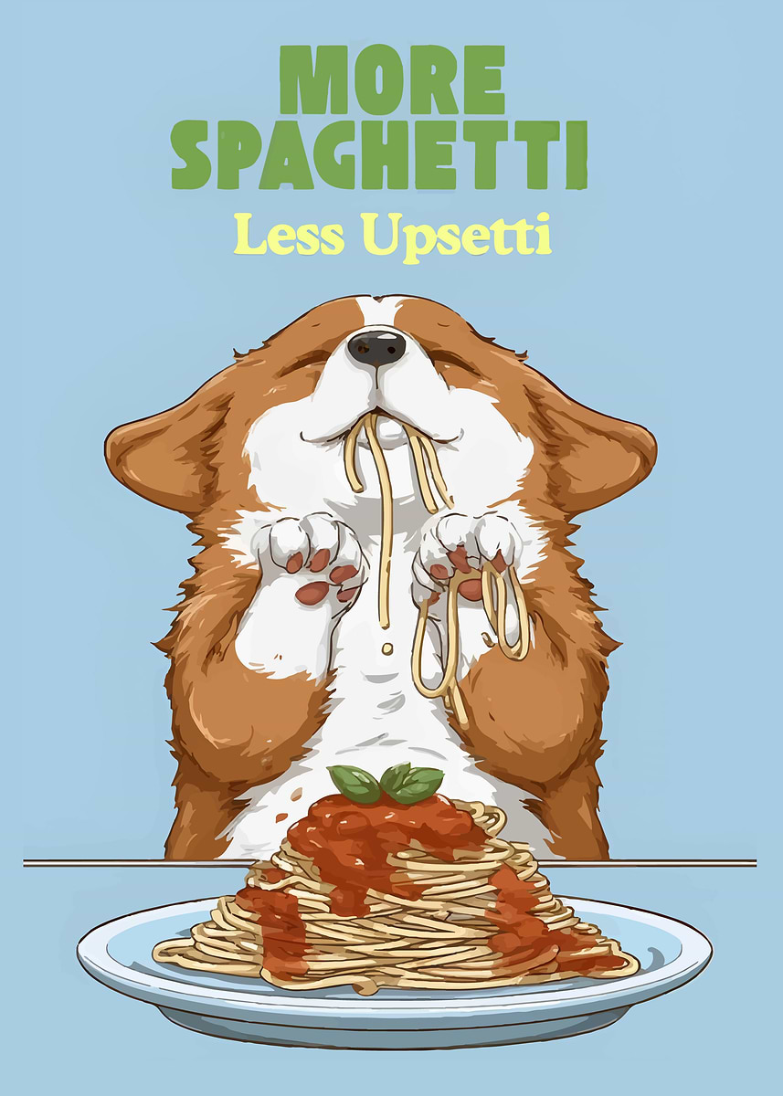 'Corgi eating spaghetti illustration' Poster, picture, metal print ...