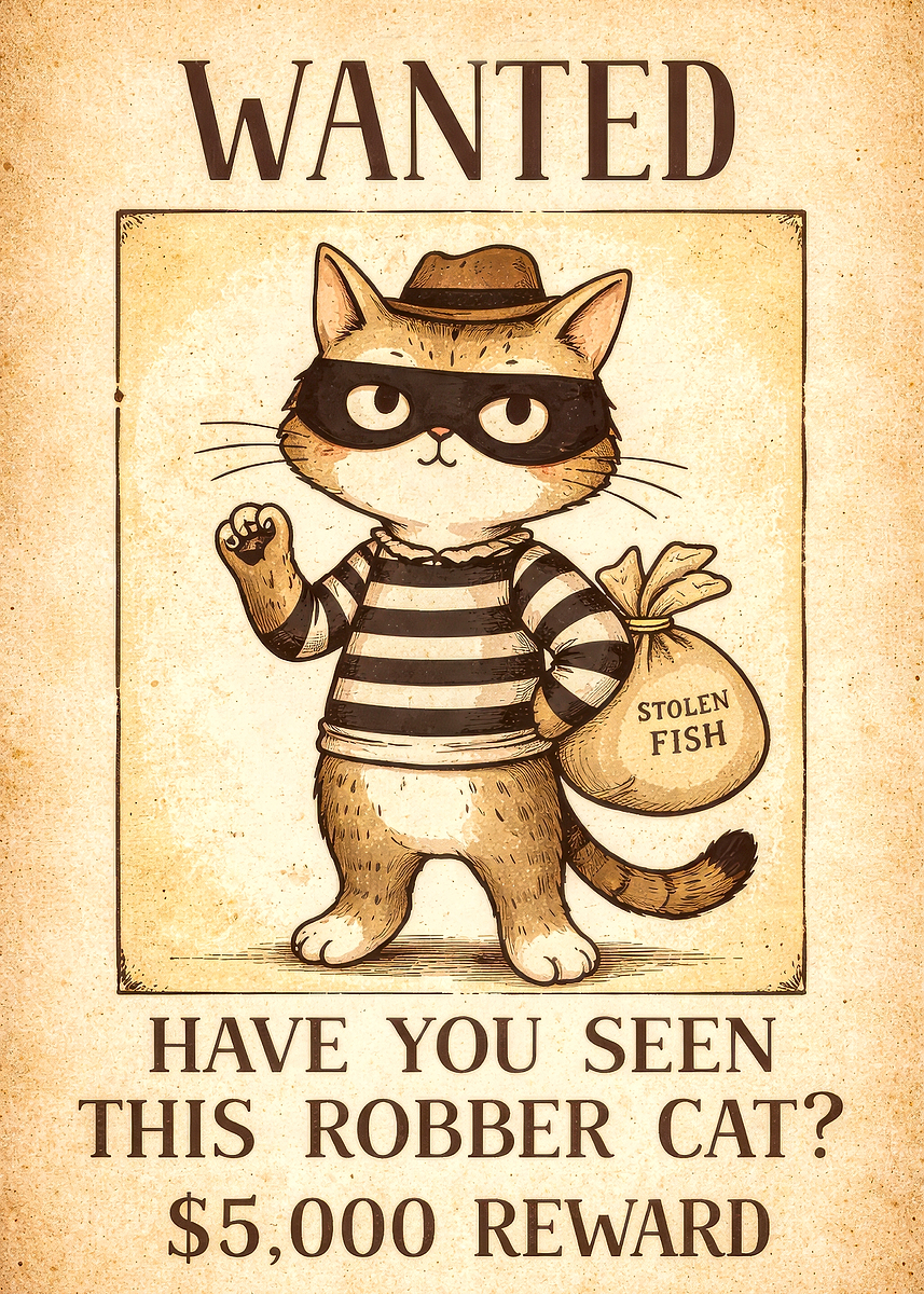 'Wanted Robber Cat Poster' Poster, picture, metal print, paint by ...